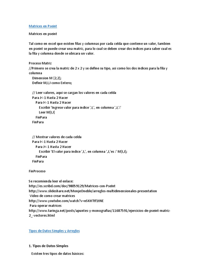 Creación de Matrices en Pseint | PDF | Algoritmos | Lenguaje de ...