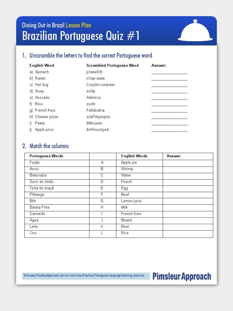 Brazilian Portuguese Quiz 1 | PDF