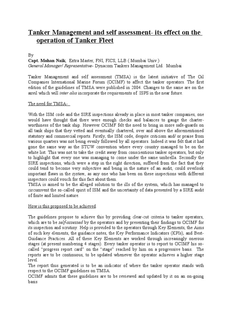 Tanker MGT& Self Assessment | PDF | Ships | Oil Tanker