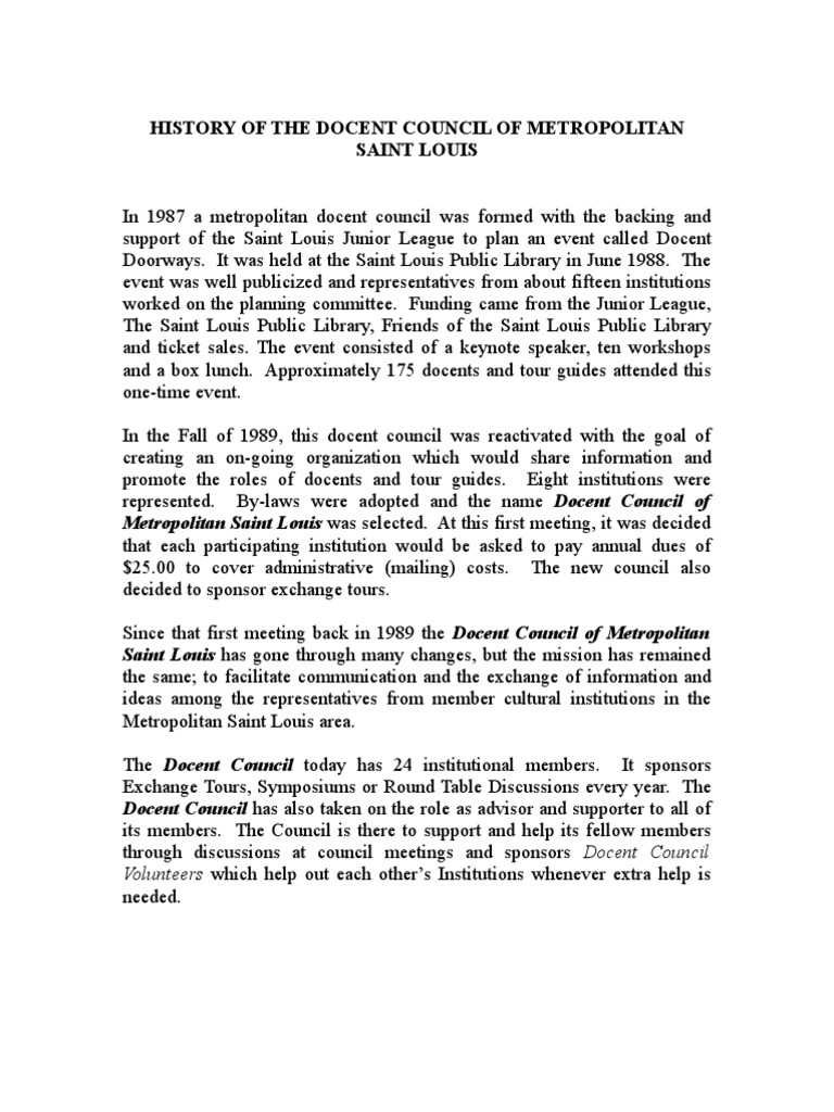 HISTORY OF THE DOCENT COUNCIL OF METROPOLITAN SAINT LOUIS Web | PDF ...