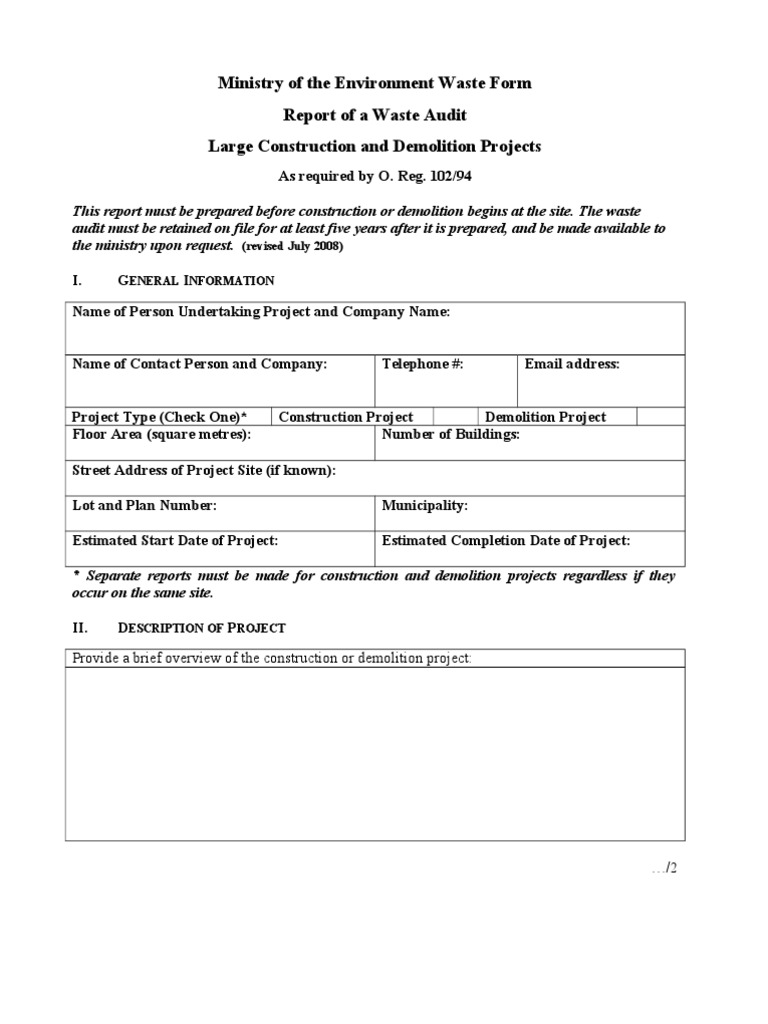Ministry of The Environment Waste Form Report of A Waste Audit Large ...