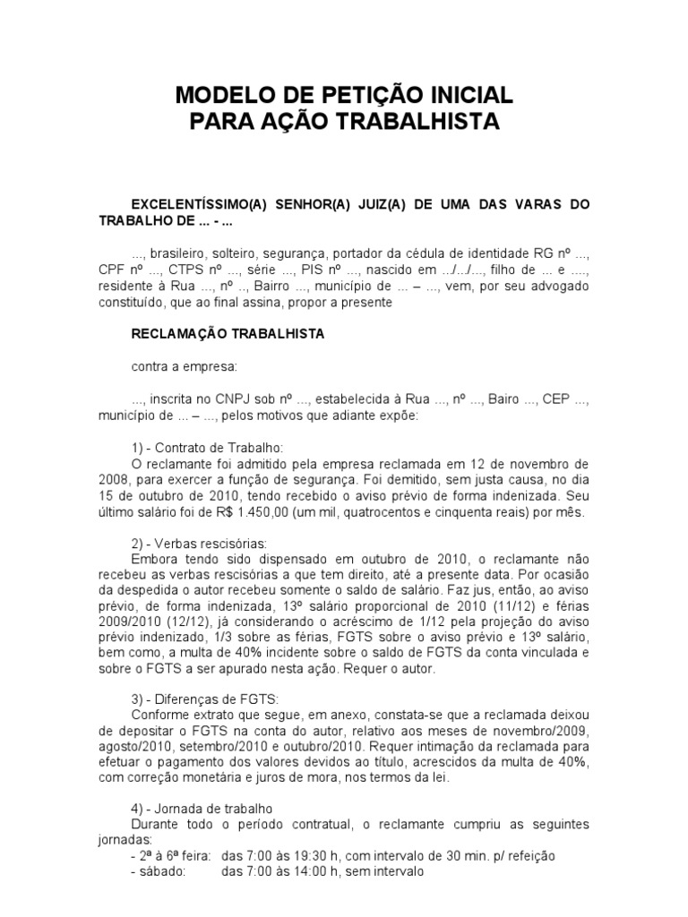 Modelo de Petição Inicial Trabalhista | PDF | Hora extra | Férias ...