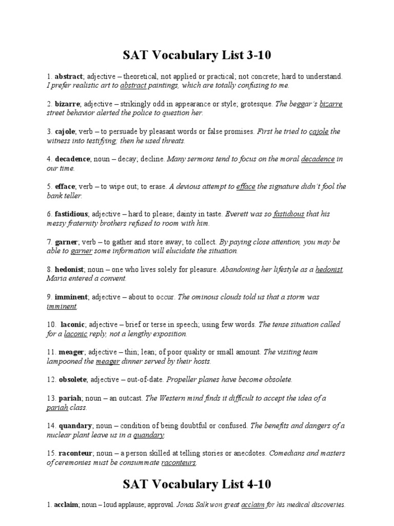 SAT Vocabulary List 3 and 4 | PDF | Adjective | Cognitive Science