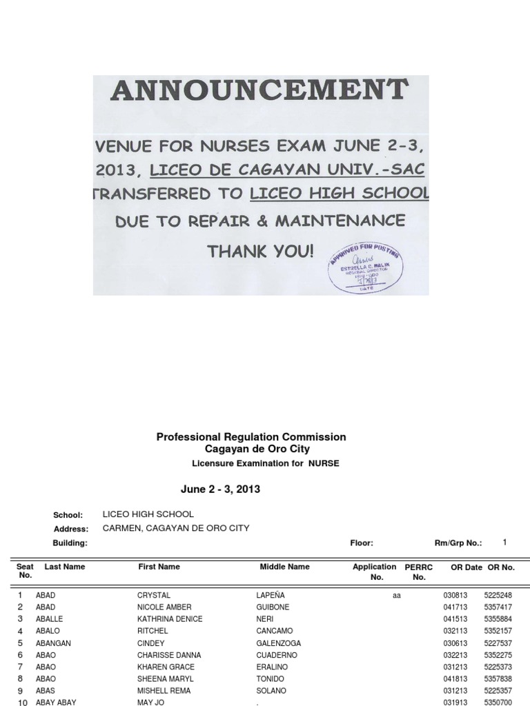 PRC Room Assignment For June 2013 Nursing Board Exam (Cagayan de Oro ...