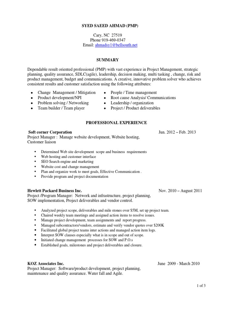 Senior Project Manager IT in Raleigh Durham NC Resume Syed Ahmad | PDF ...