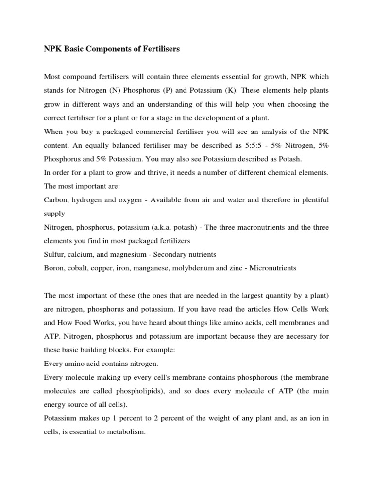 NPK Basic Components of Fertilisers | PDF | Fertilizer | Nutrients