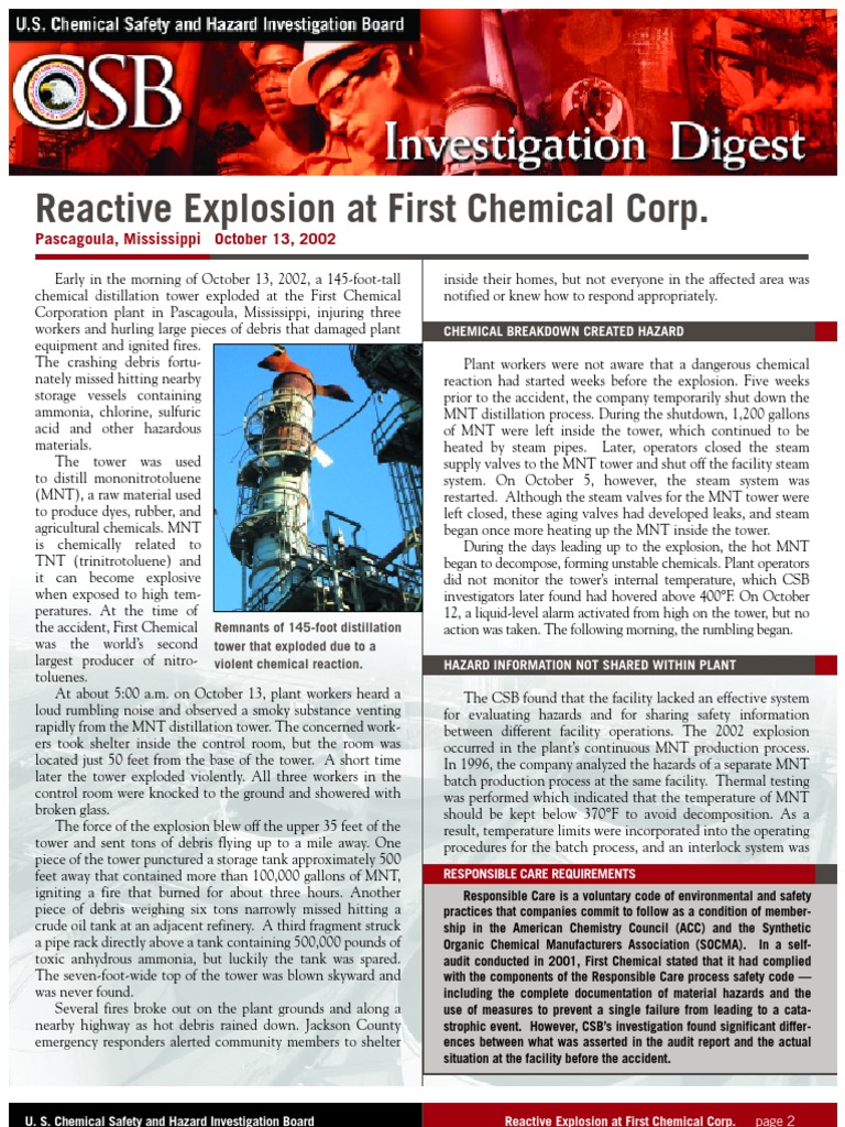 CSB Digest First Chemical Reactive Explosion (2002) | PDF | Explosion ...