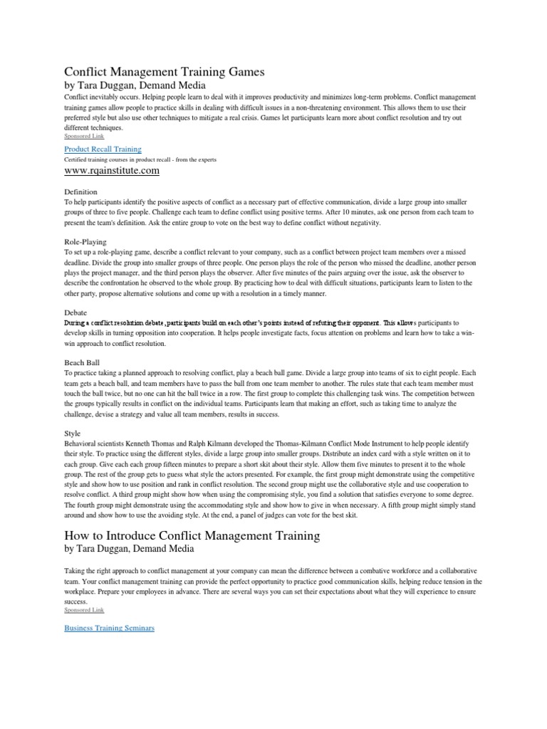 Conflict Management Training Games | PDF | Conflict Resolution | Anger