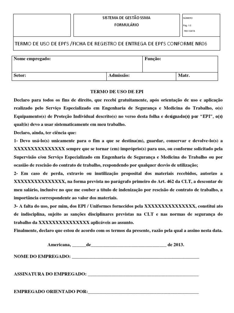 Ficha e Termo de Recebimento de Epi Modelo