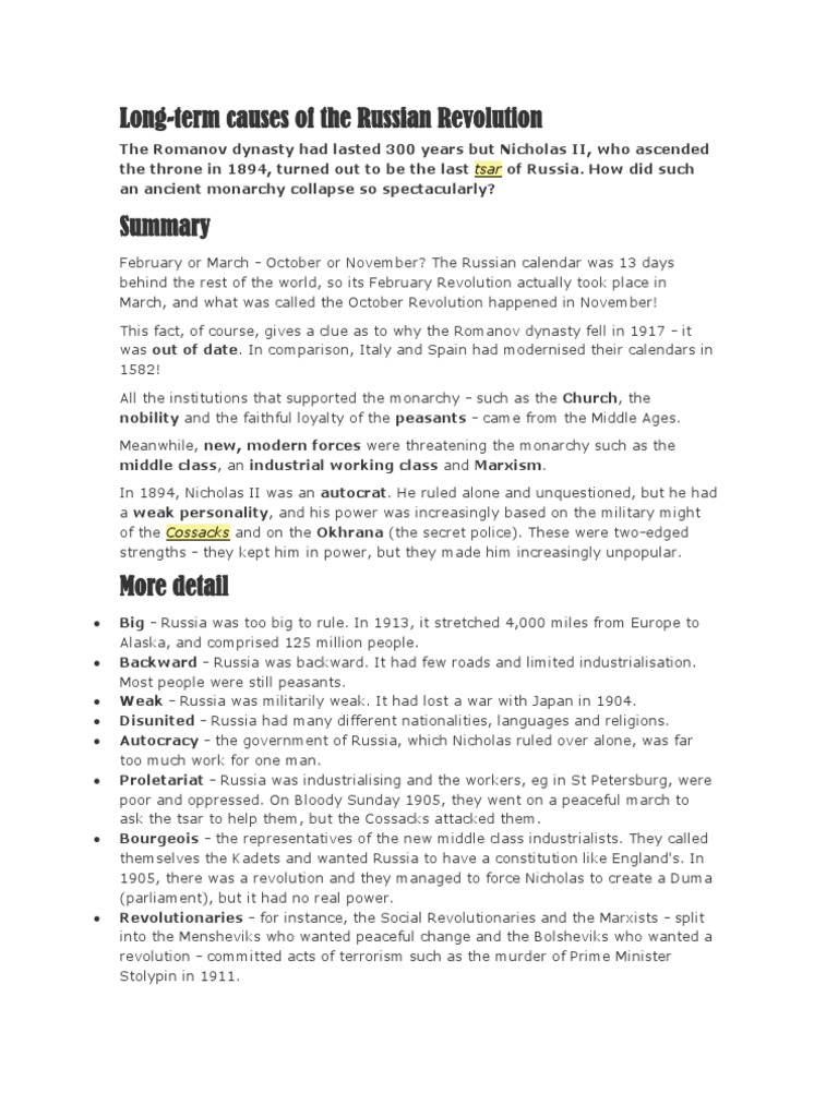 Long-Term Causes of the Russian Revolution | PDF | Nicholas Ii Of ...