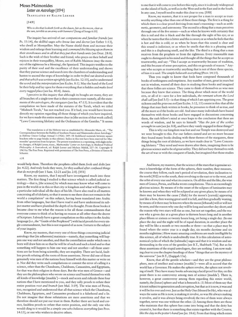 Moses Maimonides - Letter On Astrology | PDF