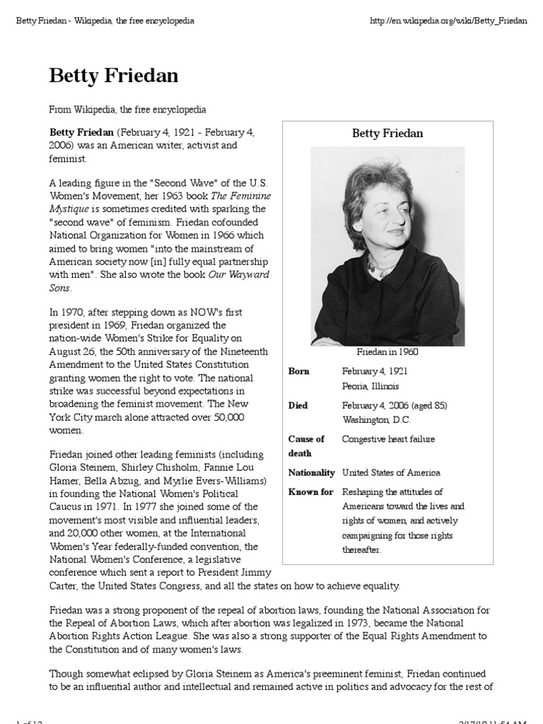 Betty Friedan - Wikipedia, The Free Encyclopedia | PDF | Equality ...