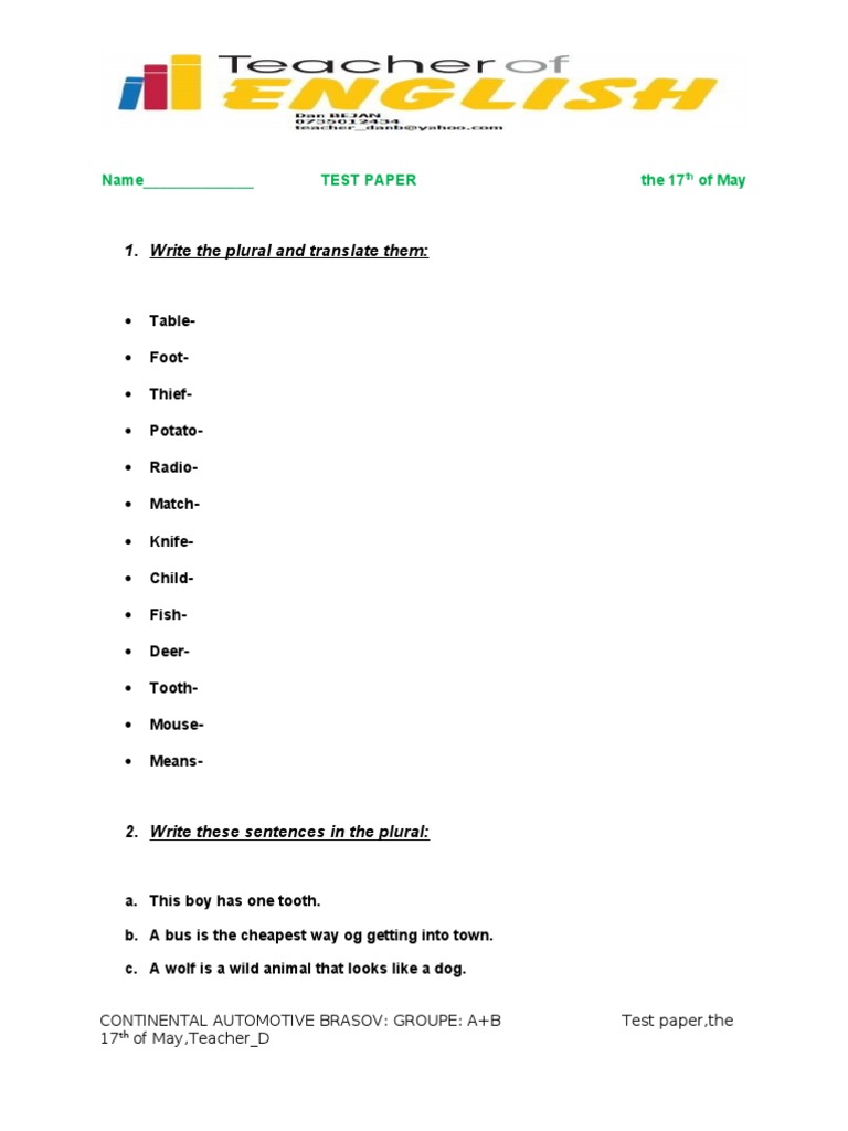 Plural Forms and Daily Activities Test | PDF | Language Arts & Discipline
