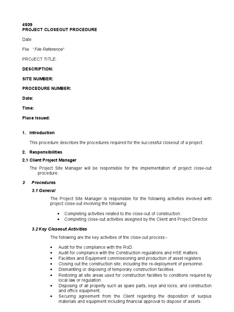 4S09 Project Close-Out Procedure v4-0 | PDF | Audit | Insurance