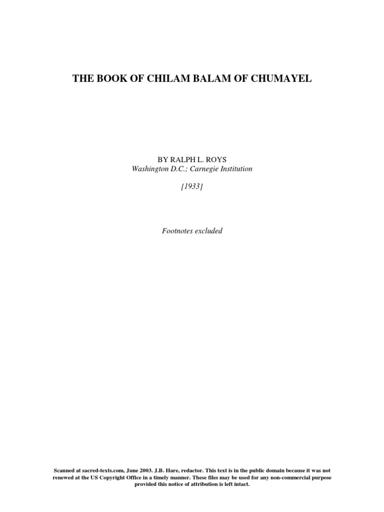 Book of Chilam Balam The of Chumayel. by Ralph L Roys 1933. Etext | PDF