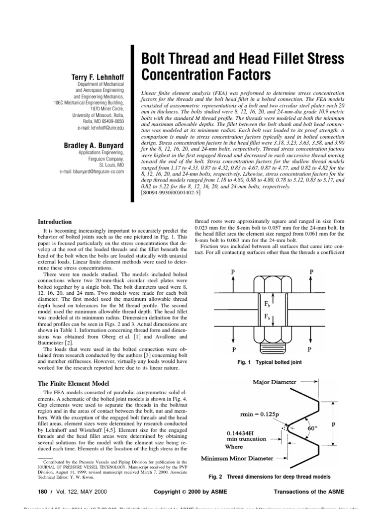 Bolt Thread and Head Fillet Stress Concentration Factors | Screw ...