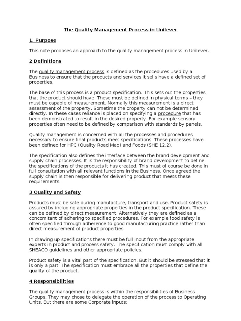 Unilever Quality Management Process Overview | PDF | Specification ...