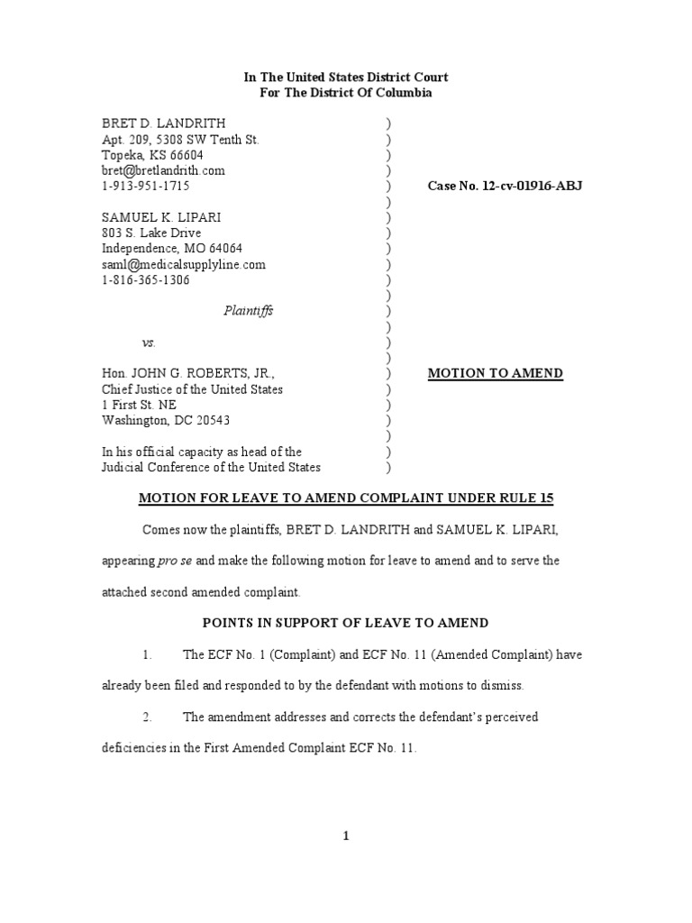 Landrith Lipari v. Chief Justice Roberts Motion For Leave To Amend (Proposed 2nd Amended ...