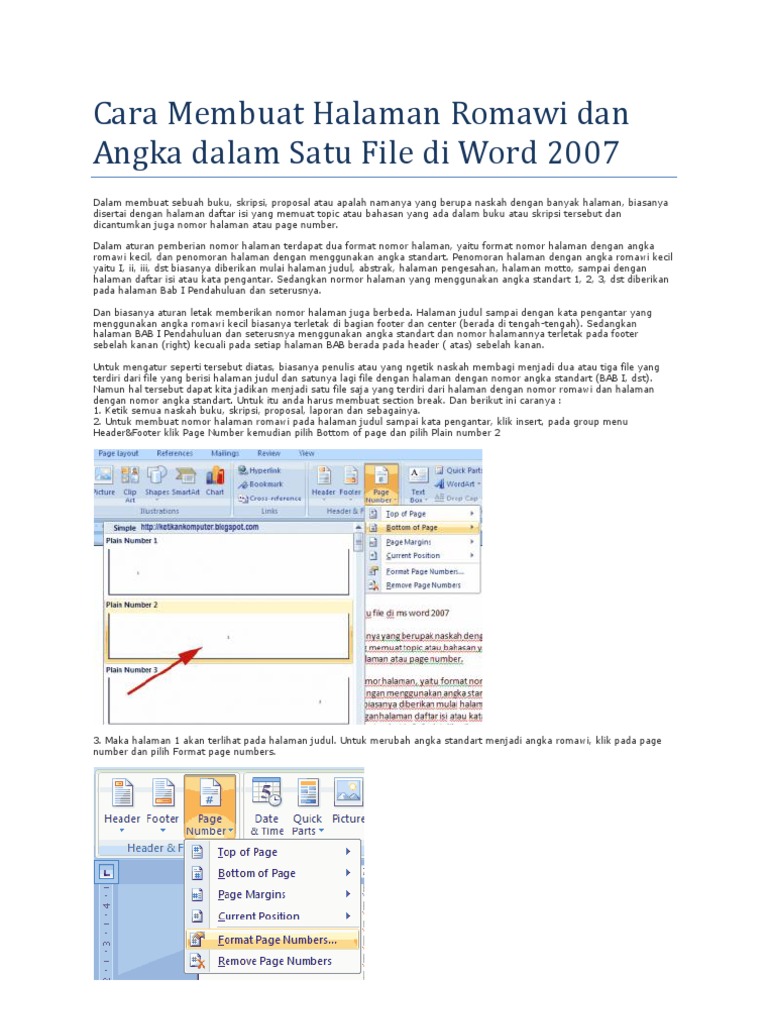 Cara Membuat Halaman Romawi Dan Angka Dalam Satu File Di Word 2007 | PDF