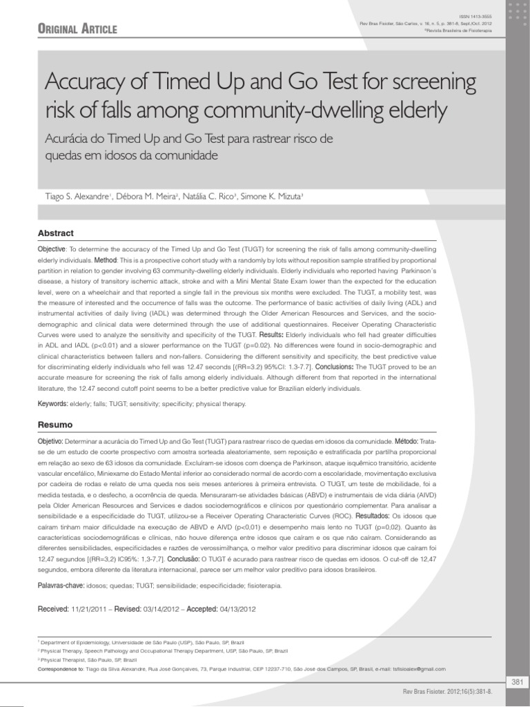 Accuracy of Timed Up and Go Test For Screening Risk of Falls Among ...