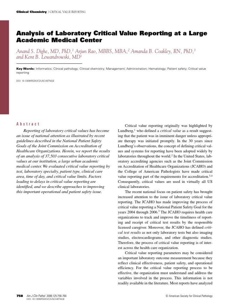 Critical Value Reporting | PDF | Patient Safety | Joint Commission