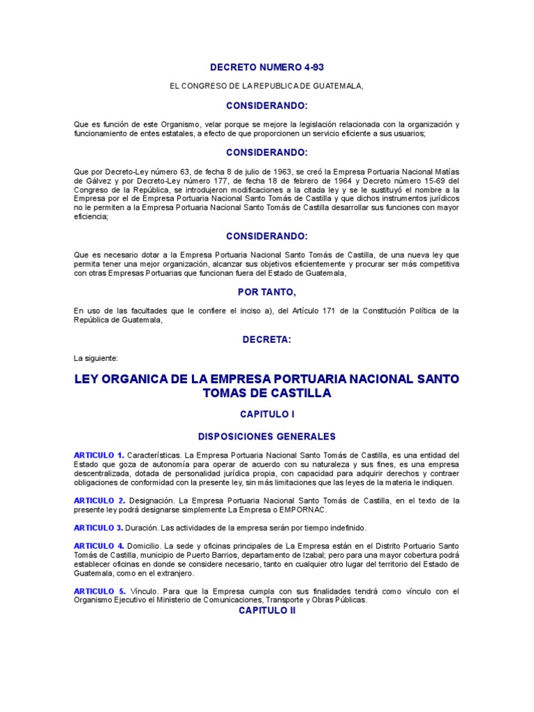 Ley Orgánica de La Empresa Portuaria Nacional Santo Tomás de Castilla ...