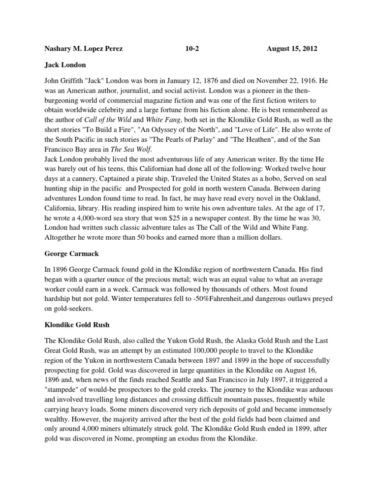Nashary M. Lopez Perez 10-2 August 15, 2012 Jack London | PDF ...