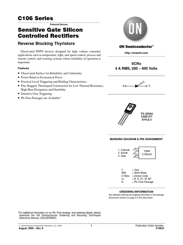 C106 Series Sensitive Gate Silicon Controlled Rectifiers: Reverse Blocking Thyristors | Download ...