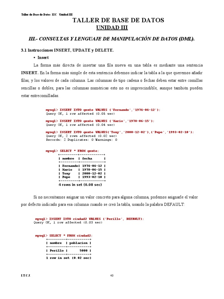 Taller de Base de Datos - ISC Unidad III | PDF | SQL | Bases de datos