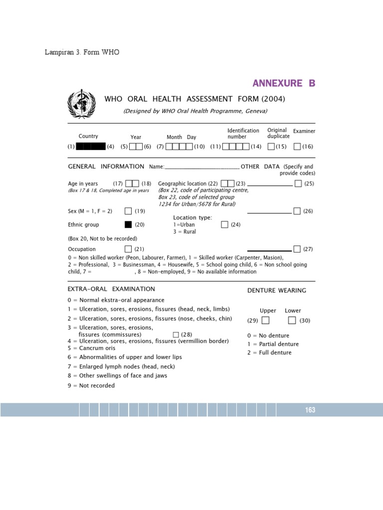 WHO Oral Health Assessment Form | PDF | Dentures | Human Head And Neck