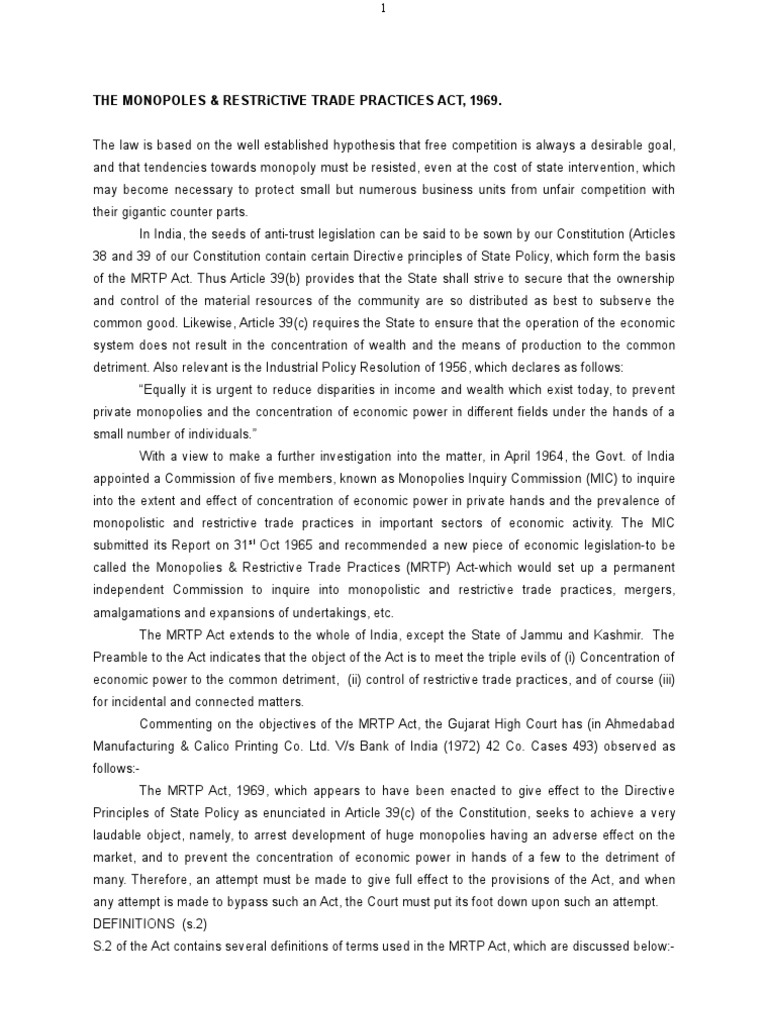 MRTP Act: Anti-Monopoly Insights | PDF | Monopoly | Competition
