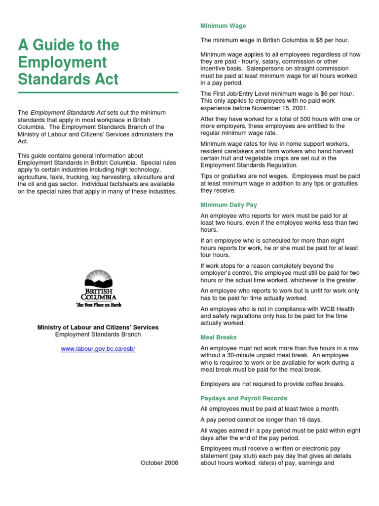 BC Employment Standards Act | PDF | Overtime | Gratuity