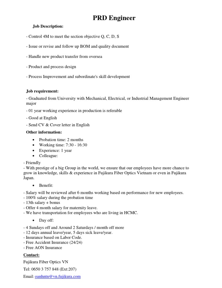 PRD Engineer Job Vacancy and Benefits | PDF