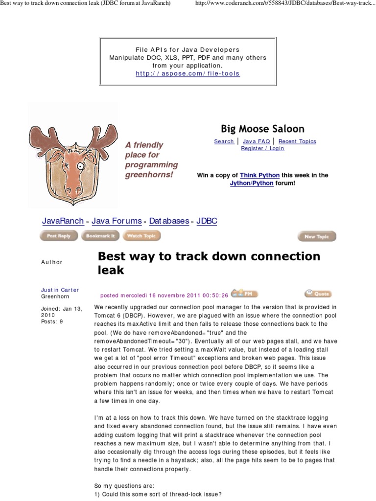 Best Way To Track Down Connection Leak (JDBC Forum at JavaRanch) | PDF ...