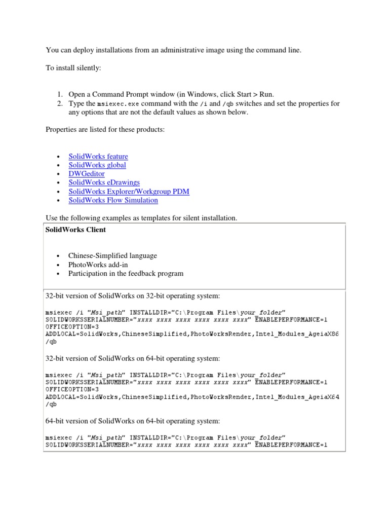 Silent Install Guide for SolidWorks | PDF | Command Line Interface | C (Programming Language)