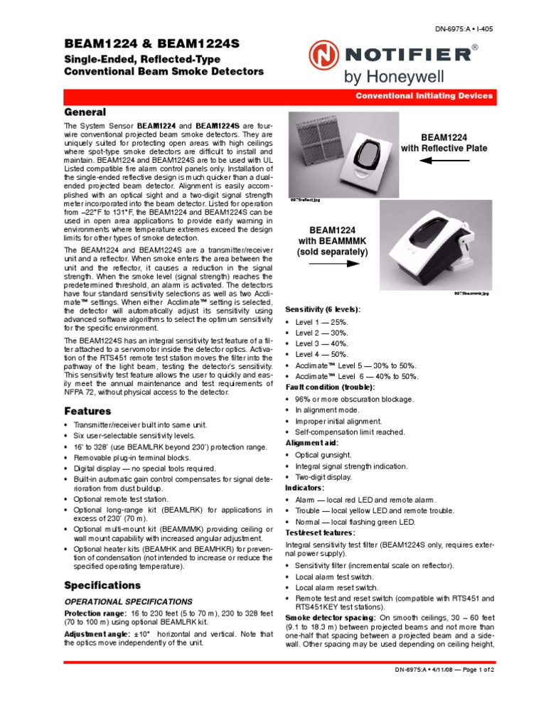 BEAM1224 & BEAM1224S: Single-Ended, Reflected-Type Conventional Beam Smoke Detectors | PDF ...
