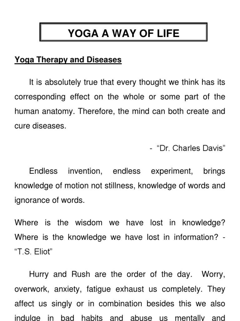 Yoga A Way of Life: Yoga Therapy and Diseases | PDF | Yoga | Mind