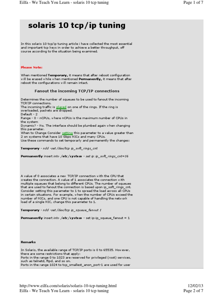Solaris 10 TCP Tuning | PDF | Transmission Control Protocol | Network Architecture