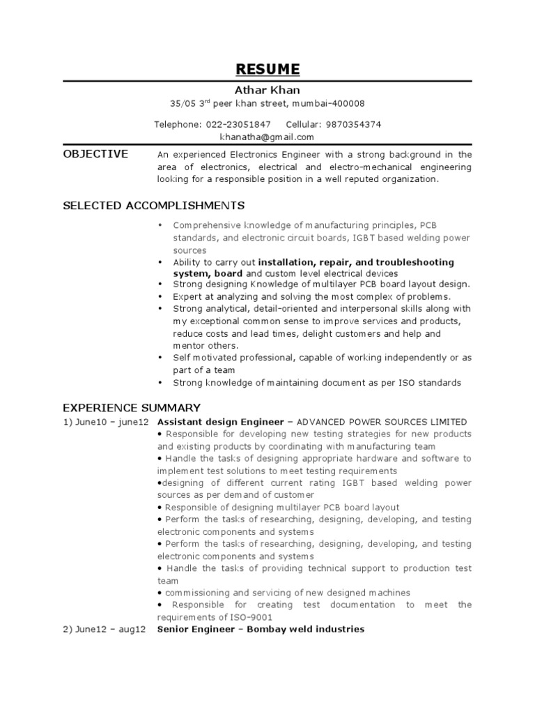 Electronics Engineer Resume Overview | PDF | Printed Circuit Board ...