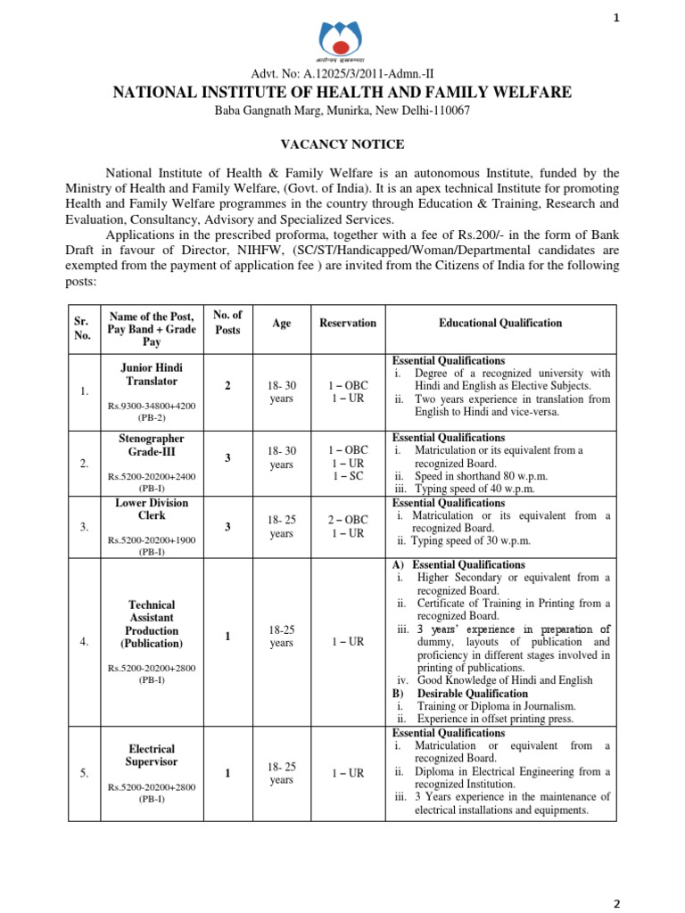 National Institute of Health and Family Welfare: Vacancy Notice | PDF ...