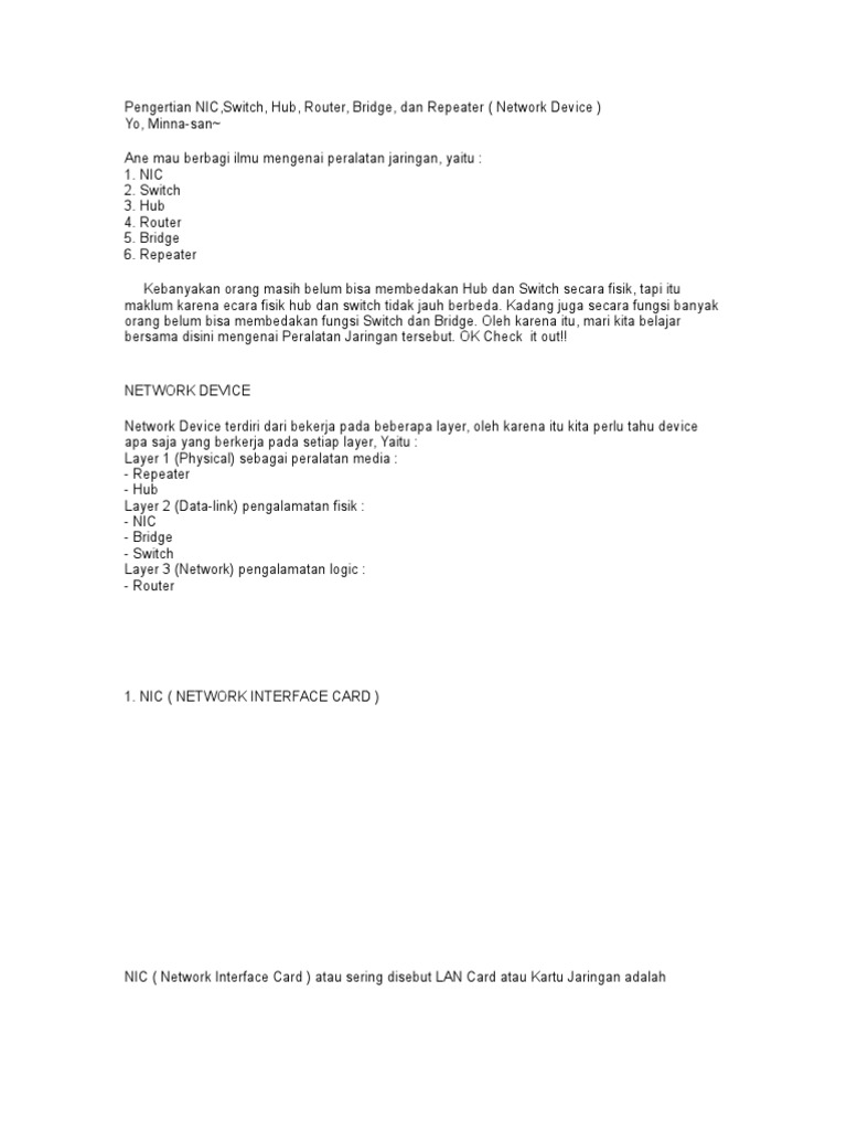 Pengertian NIC, Switch, Hub, Router, Bridge, Dan Repeater (Network ...