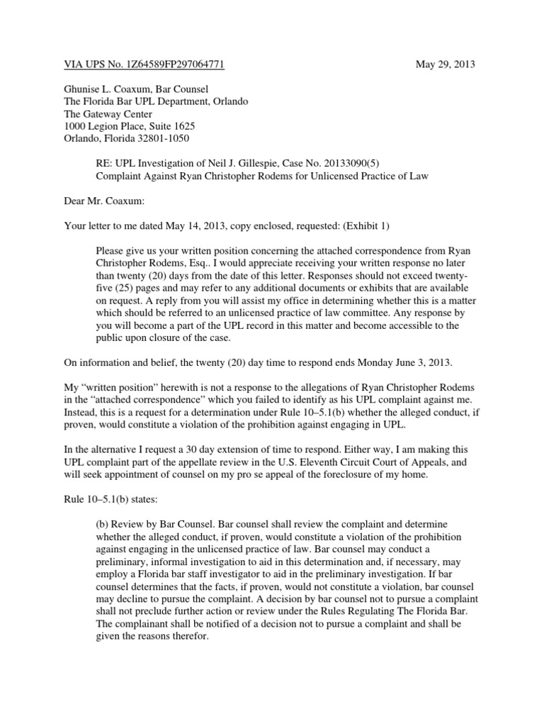 Ghunise Coaxum, Florida Bar UPL Counsel, Rodems Complaint | PDF | Pro ...