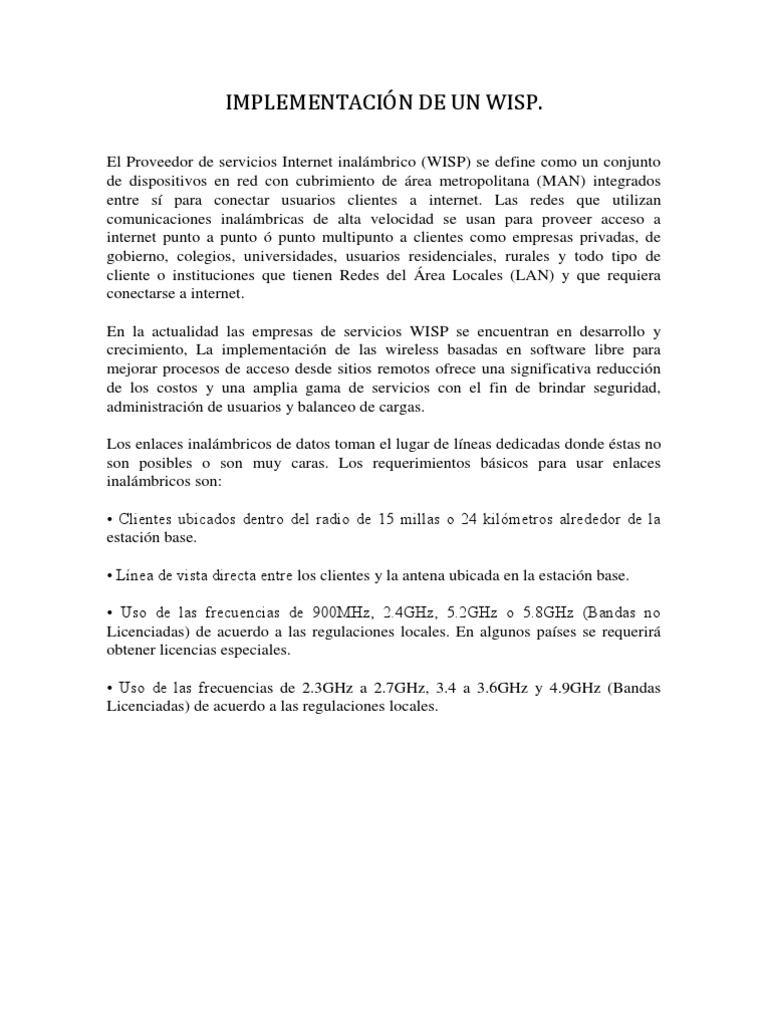 Implementación de Un WISP | PDF | Internet | Inalámbrico