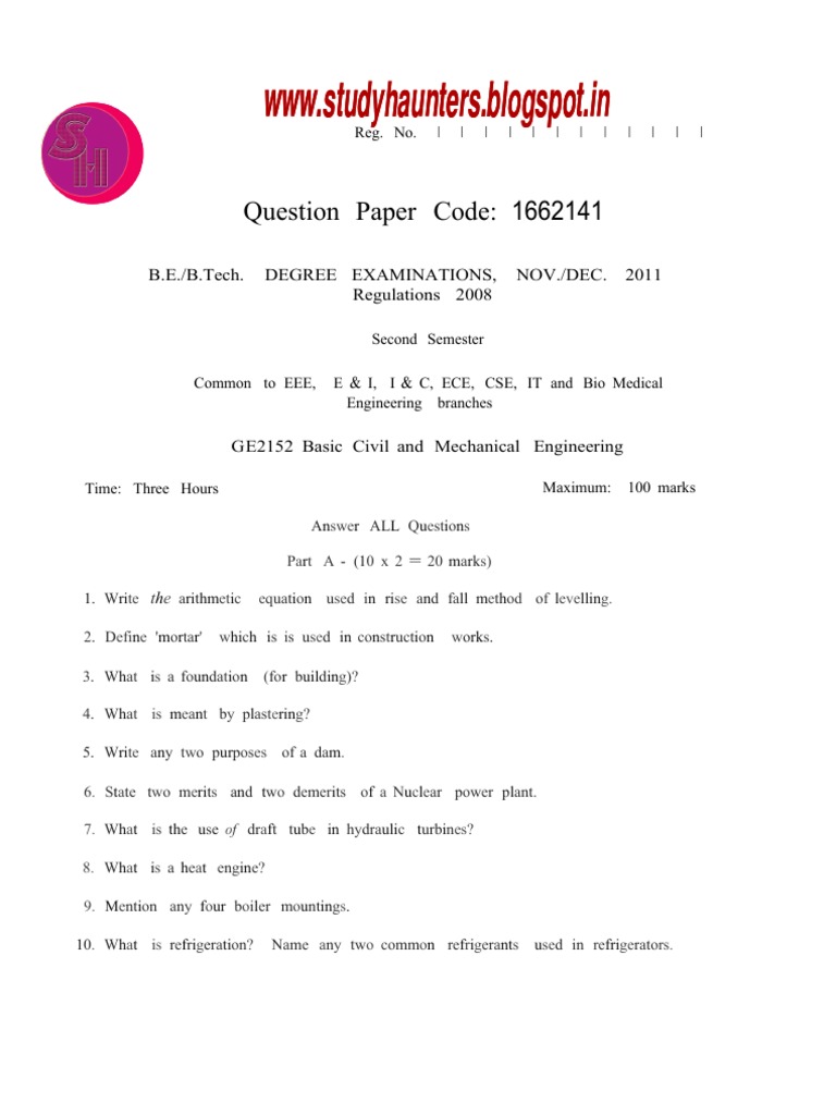 Basic Civil and Mechanical Nov-Dec-2011 Question Paper Studyhaunters ...
