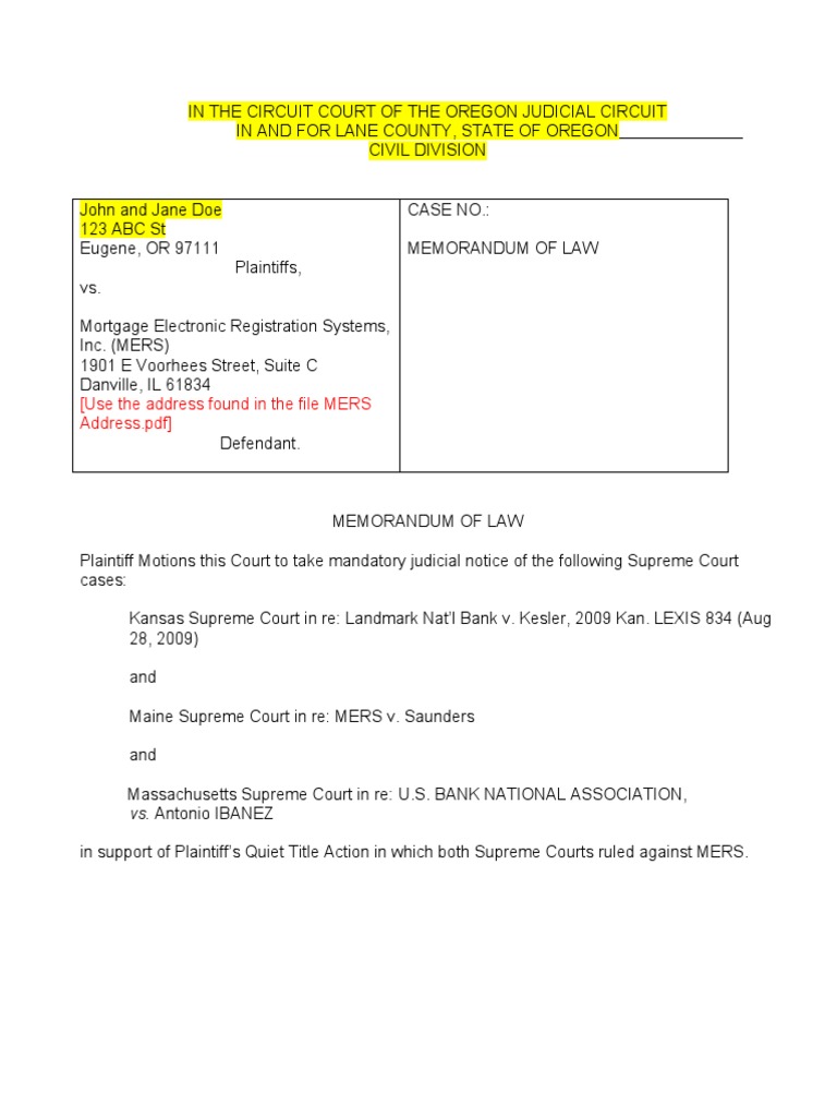 Memorandum of Law | Foreclosure | Mortgage Law