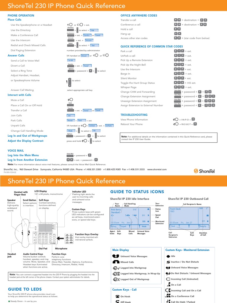 Quick Ref ShoreTel 230 | PDF