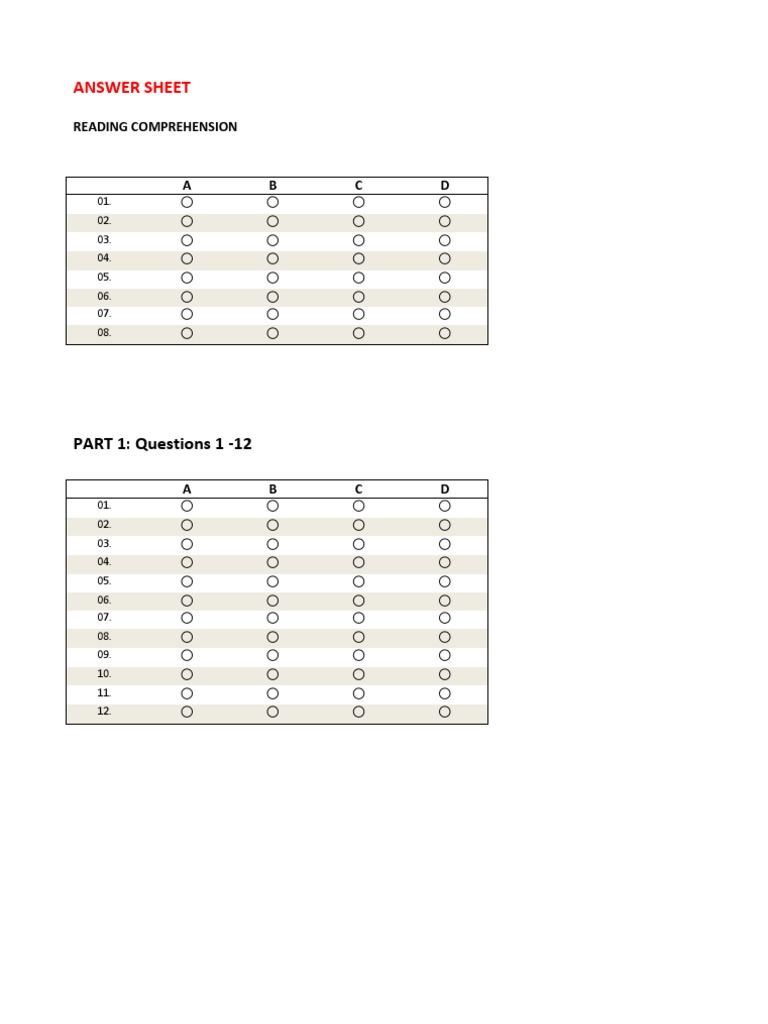 Reading Comprehension Answer Sheet | PDF