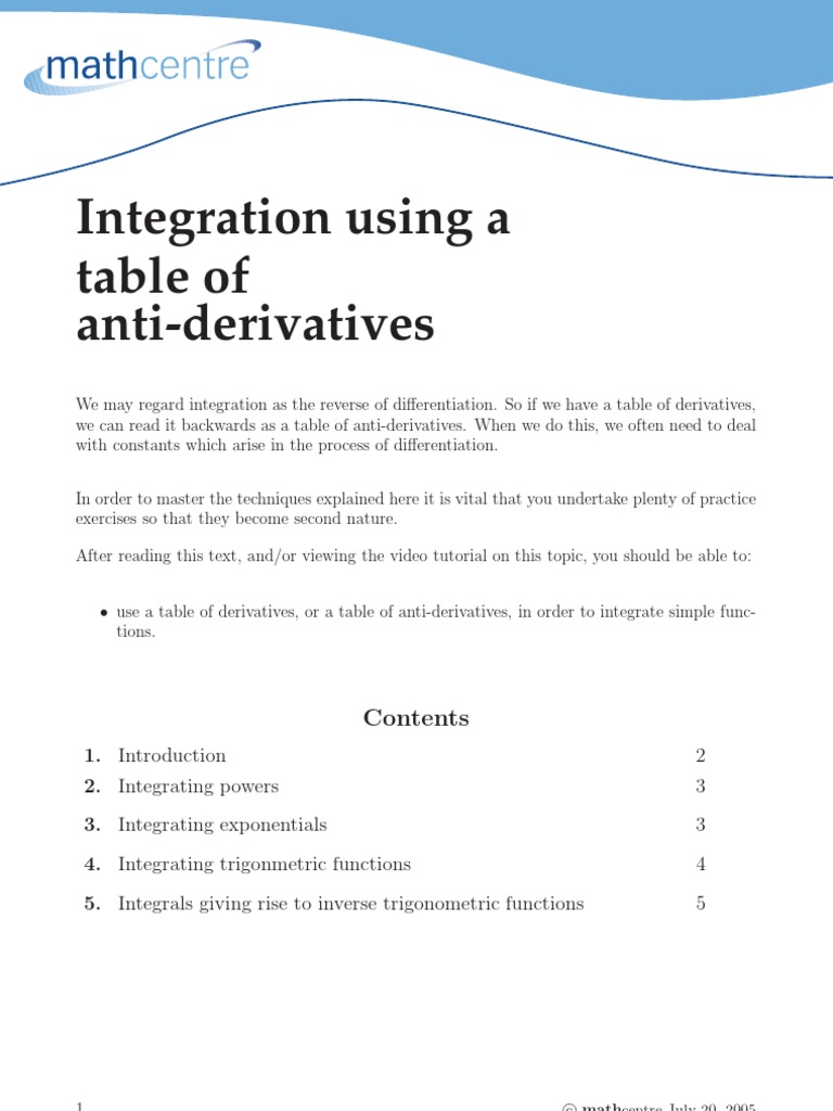 Integration Using A Table of Anti-Derivatives | PDF | Trigonometric ...