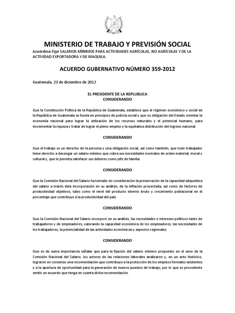 Acuerdo Gubernativo Número 359-2012 (Salario Mínimo 2013) | PDF | Salario | Salario mínimo