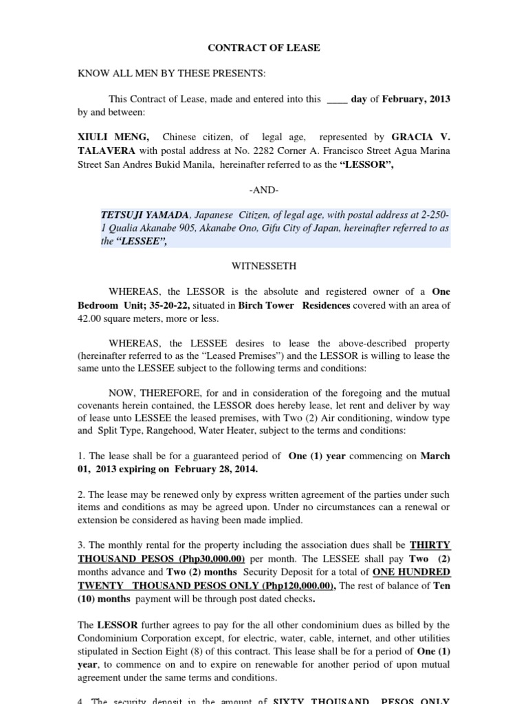 Sample CONTRACT OF LEASE | PDF | Lease | Common Law